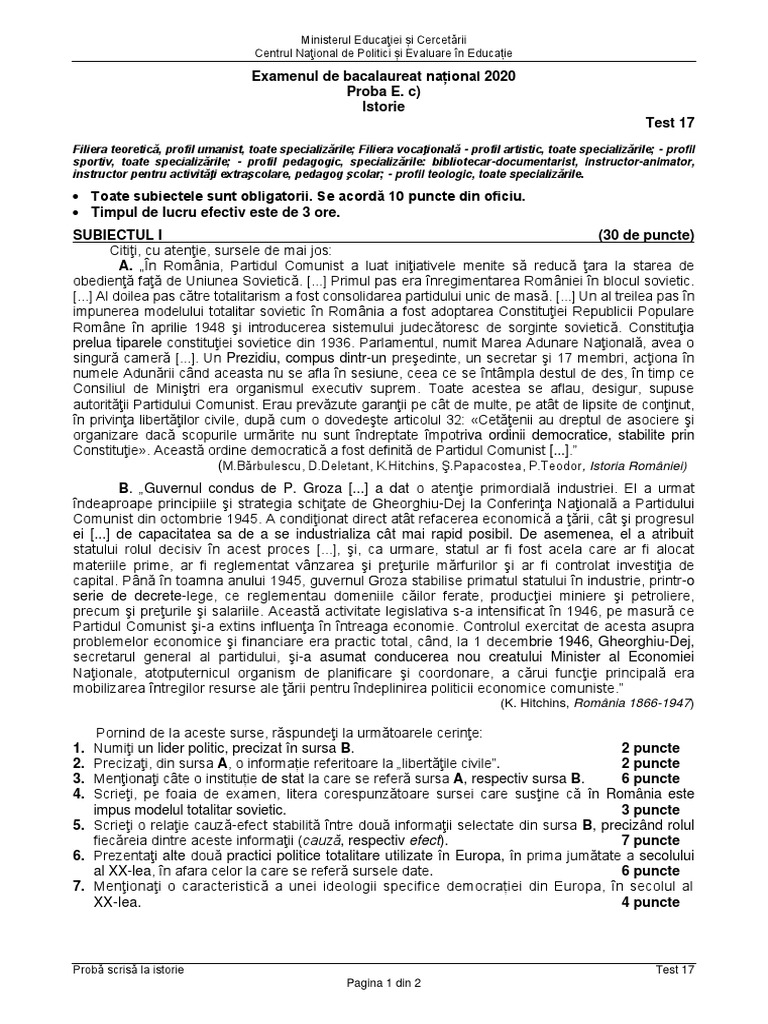 E C Istorie 2020 Test 17 PDF | PDF
