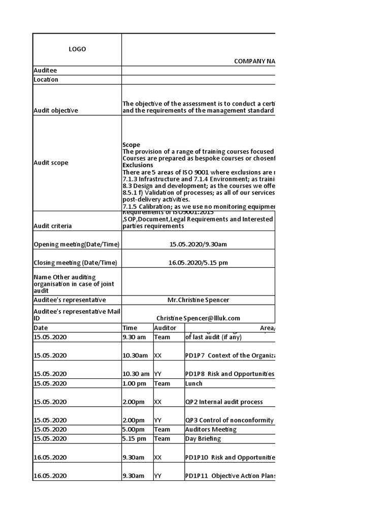 ISO 9001 Audit Plan Template | PDF | Iso 9000 | Audit