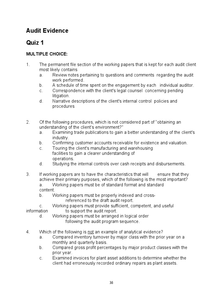 Audit Evidence Quiz 1: Multiple Choice | PDF | Internal Control | Audit