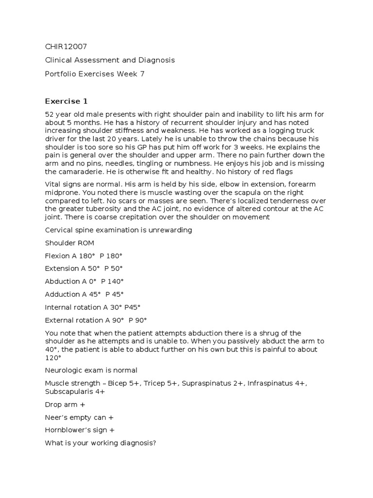 Exercise 1: CHIR12007 Clinical Assessment and Diagnosis Portfolio ...