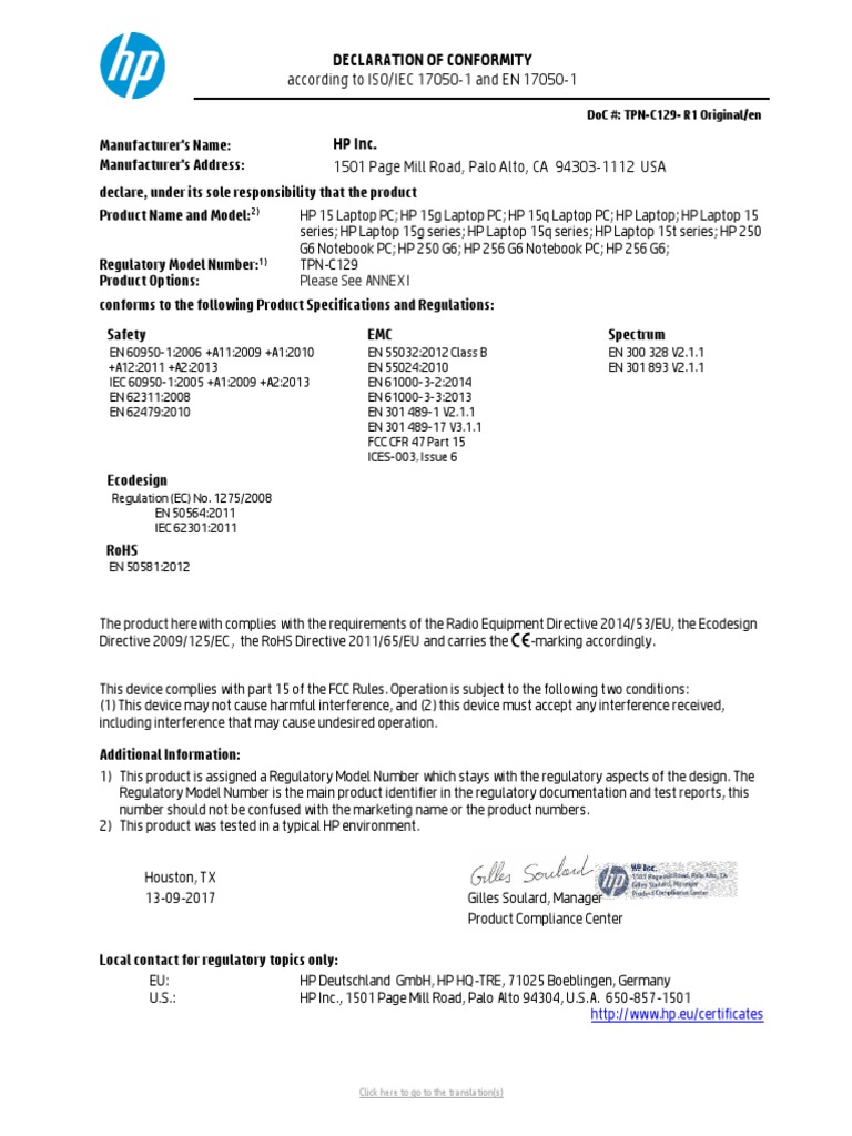 according to ISO/IEC 17050-1 and EN 17050-1: Declaration Of Conformity ...