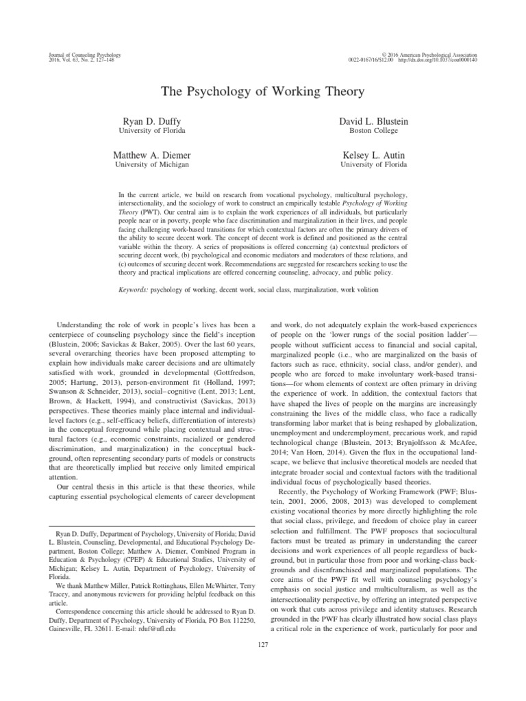 The Psychology of Working Theory: Ryan D. Duffy David L. Blustein | PDF ...
