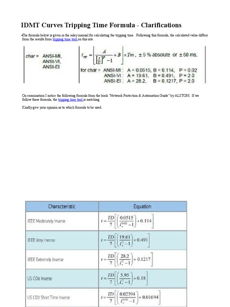 IDMT Curves Tripping Time Formula