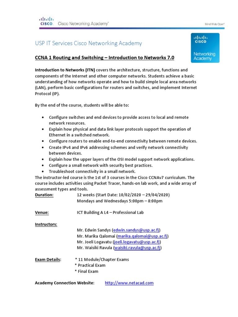 CCNA1 Feb 2020 Course v7.0 Handout Revised Instructor Roster | PDF | Network Switch | I Pv6