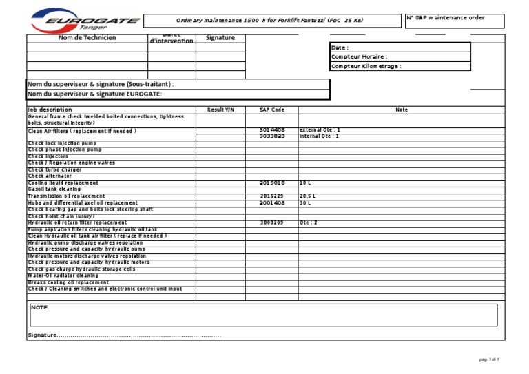 Ordinary maintenance 1500 h for Forklift Fantuzzi (FDC 25 K8 | PDF ...