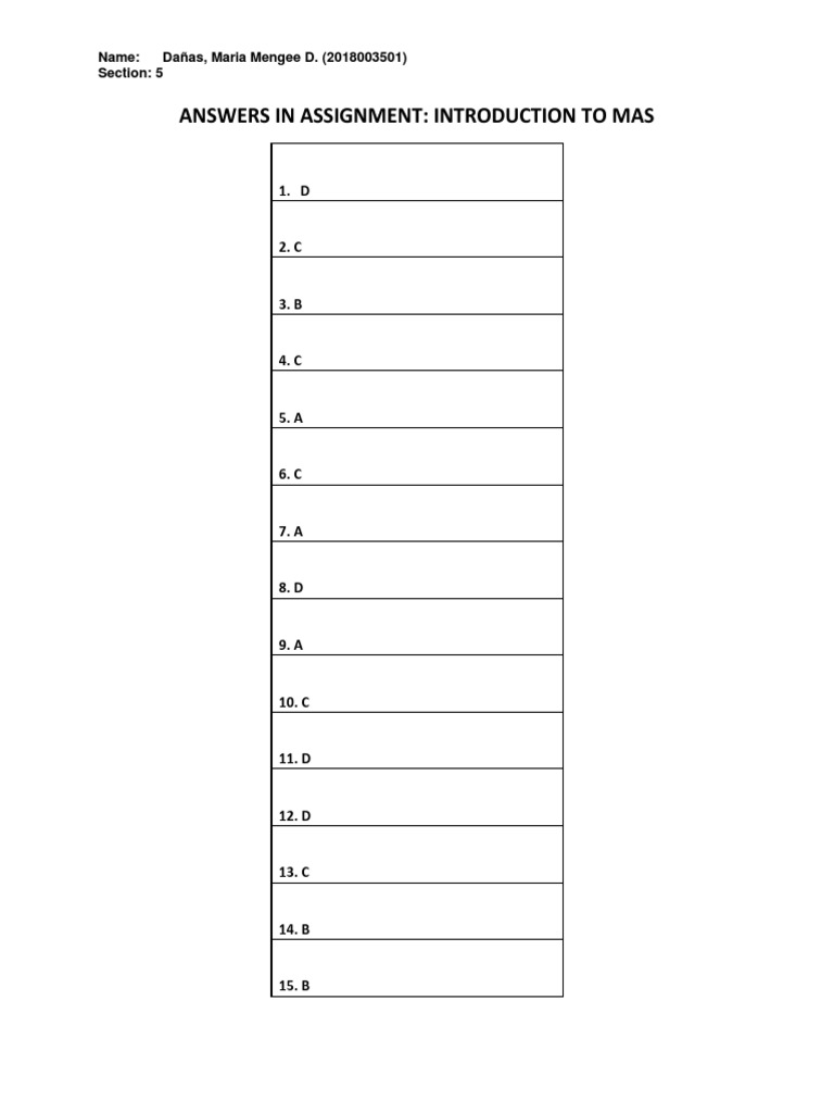 Answers in Assignment: Introduction To Mas: Name: Dañas, Maria Mengee D ...