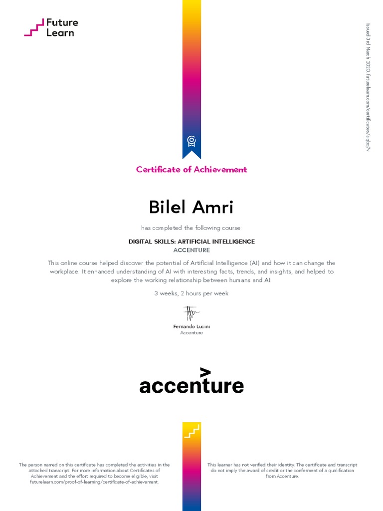 Bilel Amri: Certificate of Achievement | PDF | Artificial Intelligence | Intelligence (AI ...