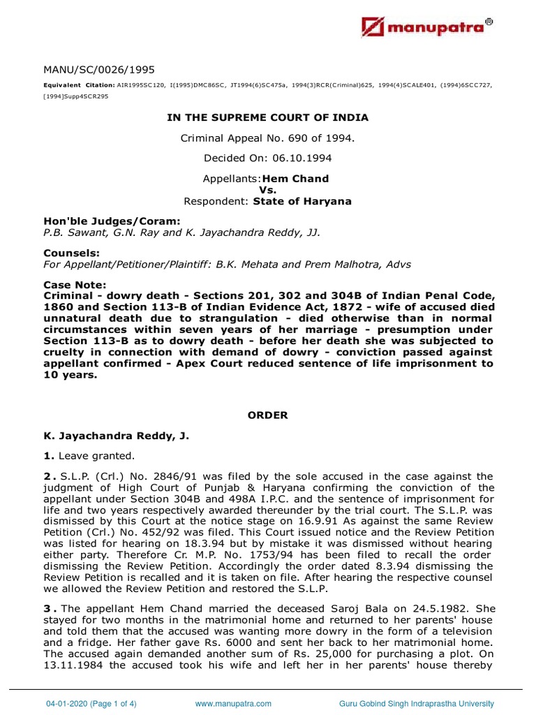 Hem Chand Vs State of Haryana 06101994 SC0326s950485COM8867 | PDF ...