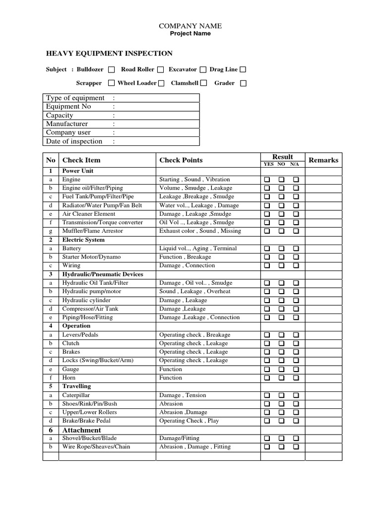 Heavy Equipment Inspection Checklist | PDF | Engines | Pump