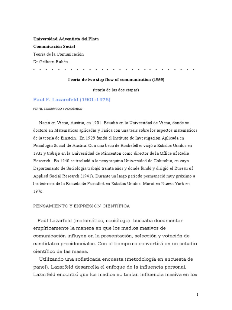 Teoría de Two Step Flow de Lazarsfeld | PDF | Science | Ciencias del ...