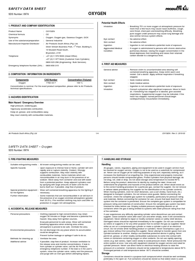 Oxygen Safety Data Sheet (SDS) | PDF | Dangerous Goods | Breathing