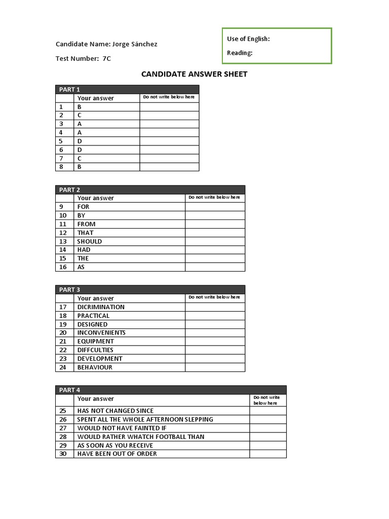 Answer Sheet B2 First 7c | PDF
