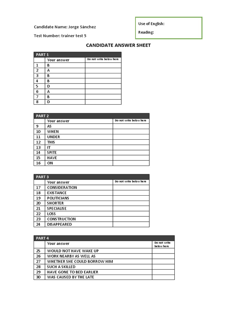 Answer Sheet B2 First TRAINER 5 | PDF
