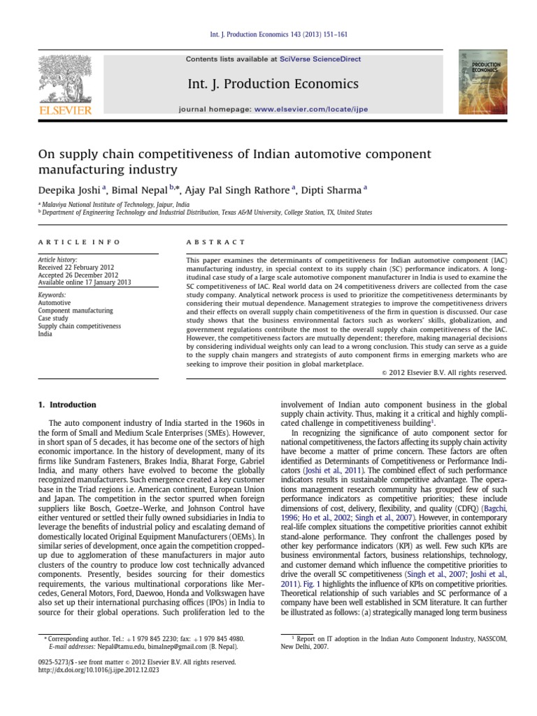 Int. J. Production Economics: Deepika Joshi, Bimal Nepal, Ajay Pal ...