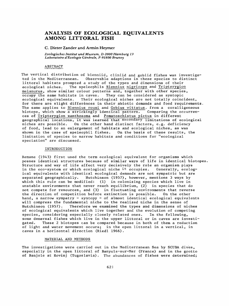 Analysis of Ecological Equivalents Among Littoral Fish: C. Dieter ...