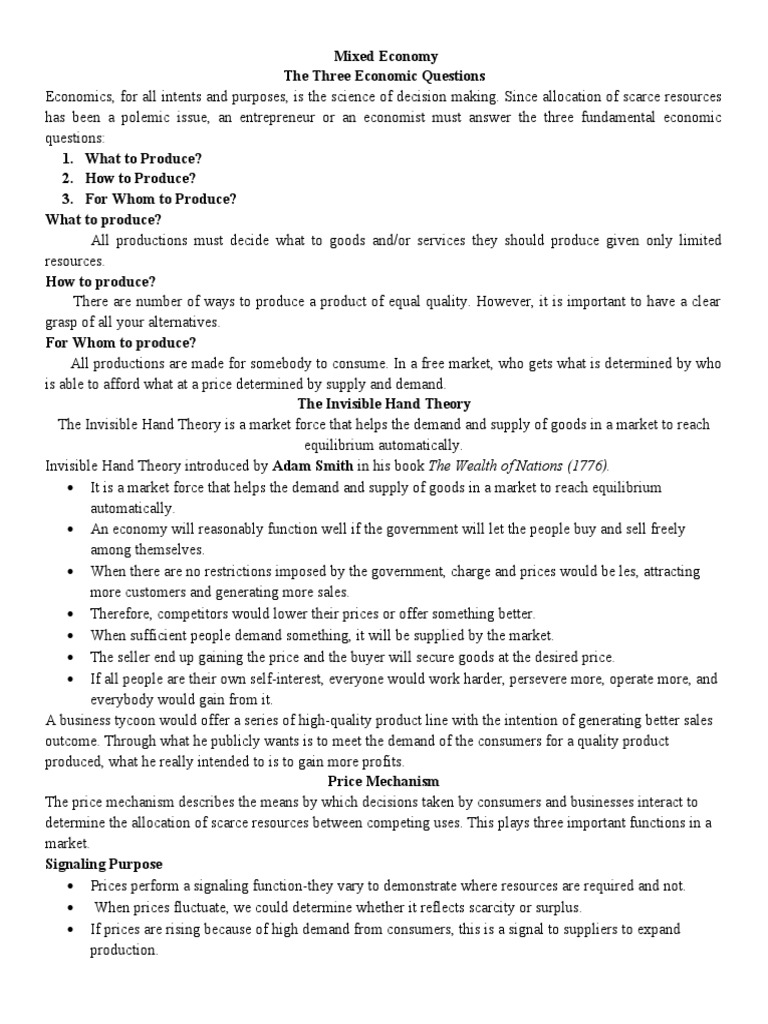 Mixed Economy The Three Economic Questions | PDF | Market Failure ...