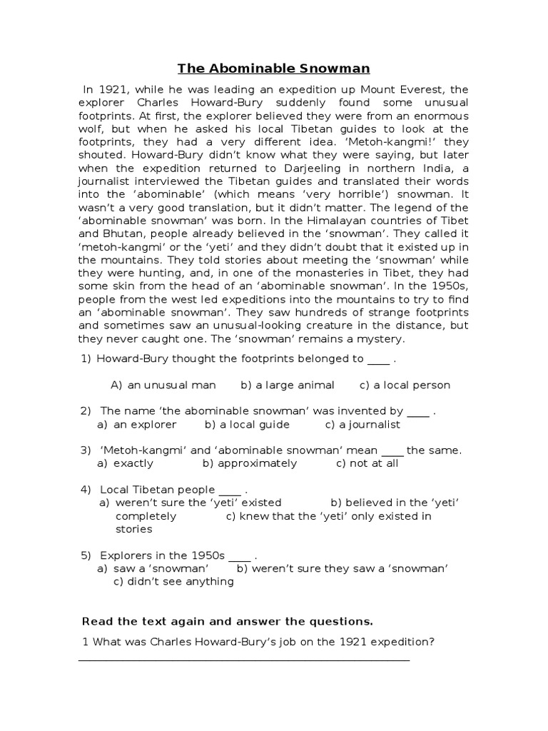 The Abominable Snowman: Read The Text Again and Answer The Questions ...