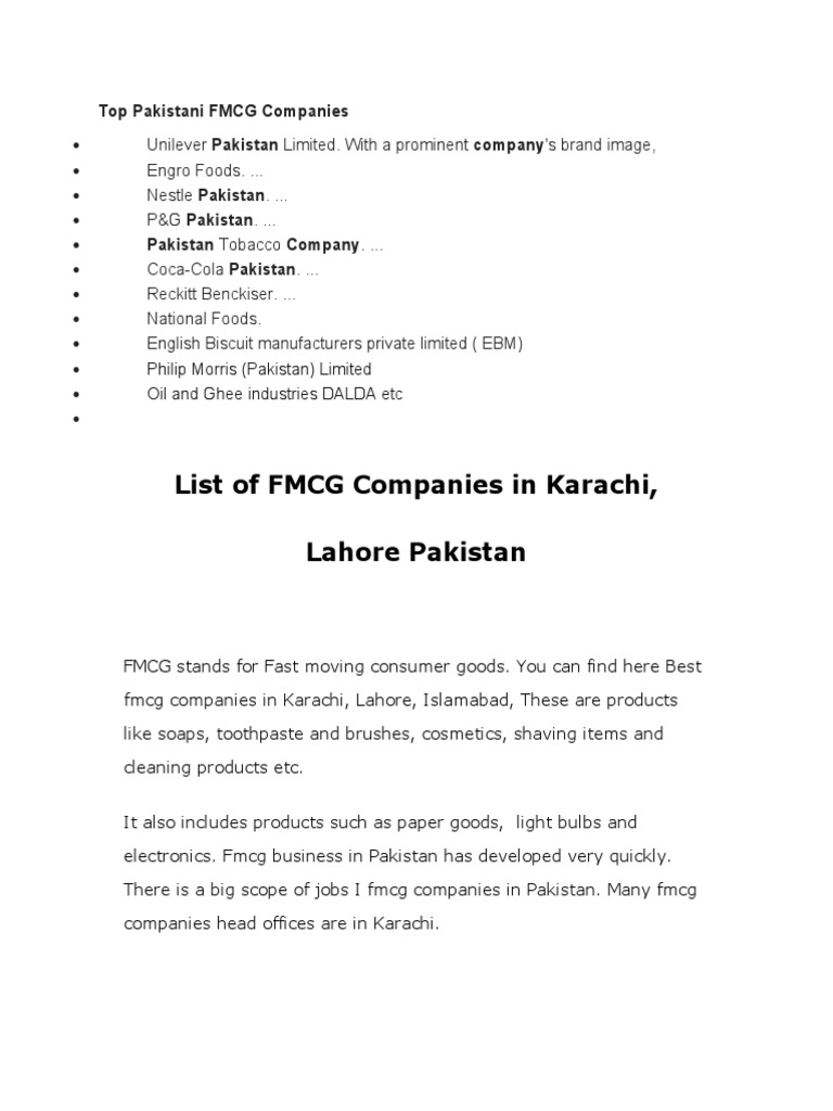 List of FMCG Companies in Karachi, Lahore Pakistan | PDF | Karachi ...