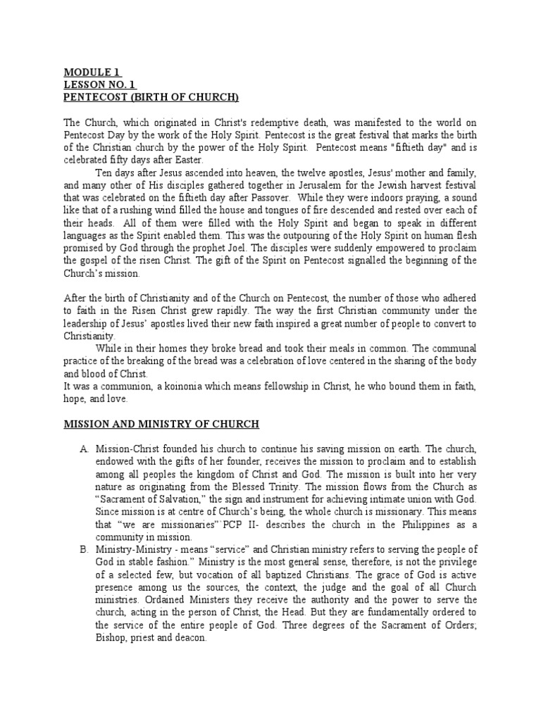 Lesson No. 1 Pentecost (Birth of Church) | PDF | Pentecost | Christian ...