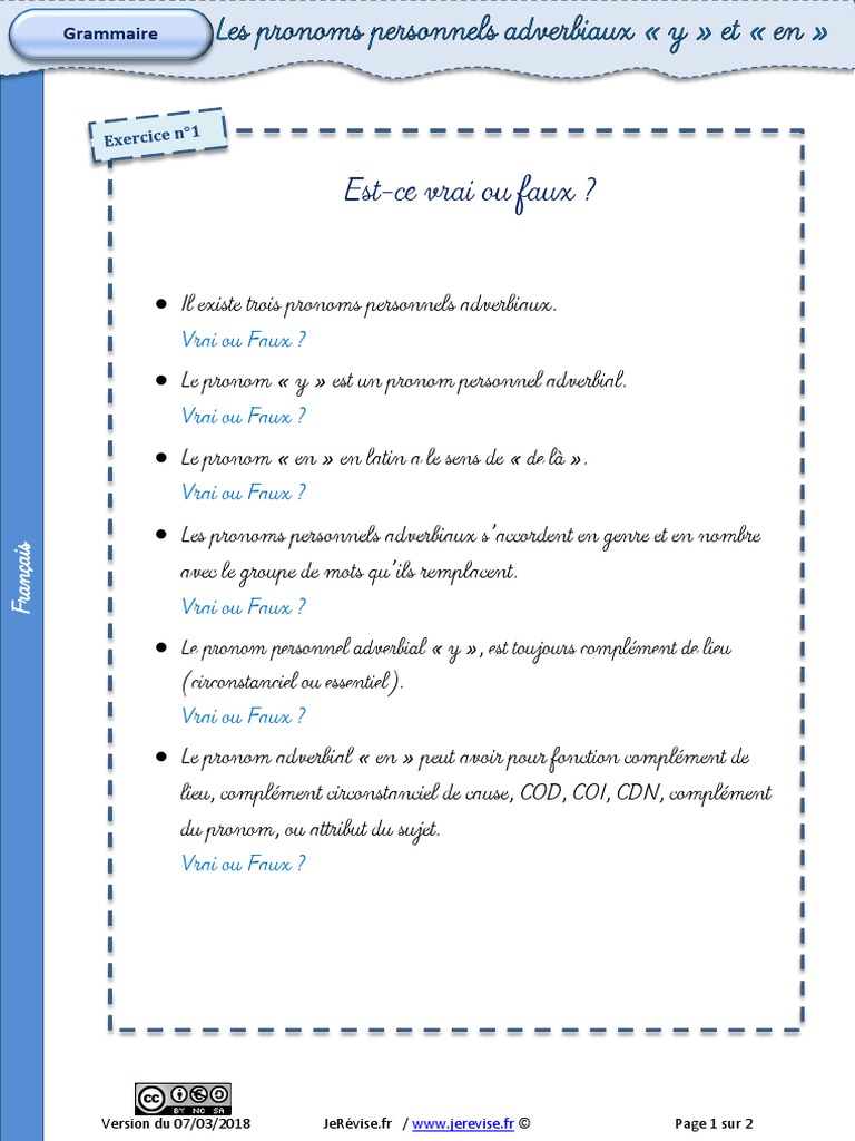 Exercice Pronom Adverbial | PDF