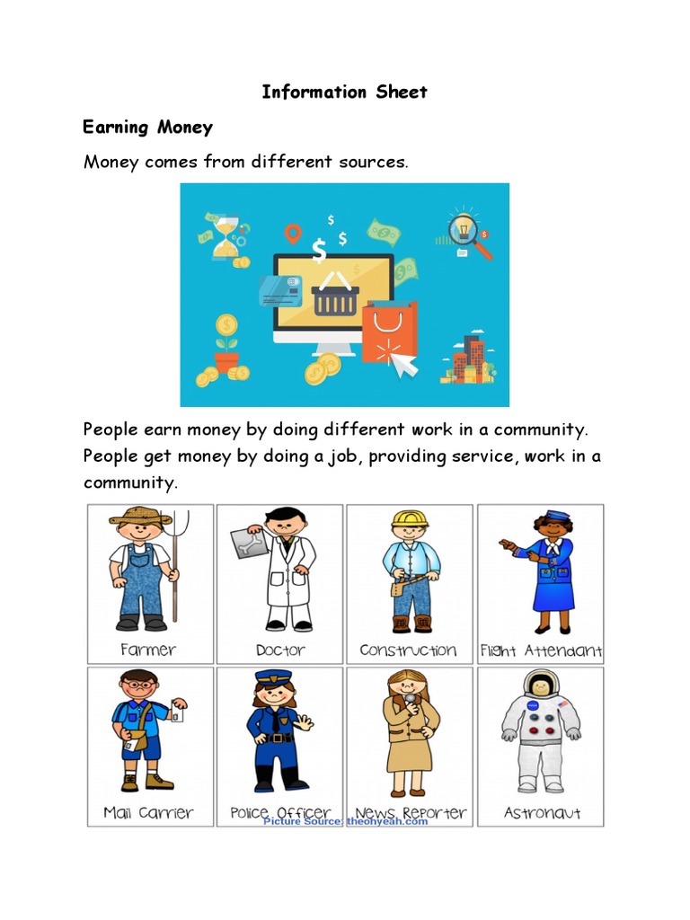 Money Comes From Different Sources.: Information Sheet Earning Money | PDF