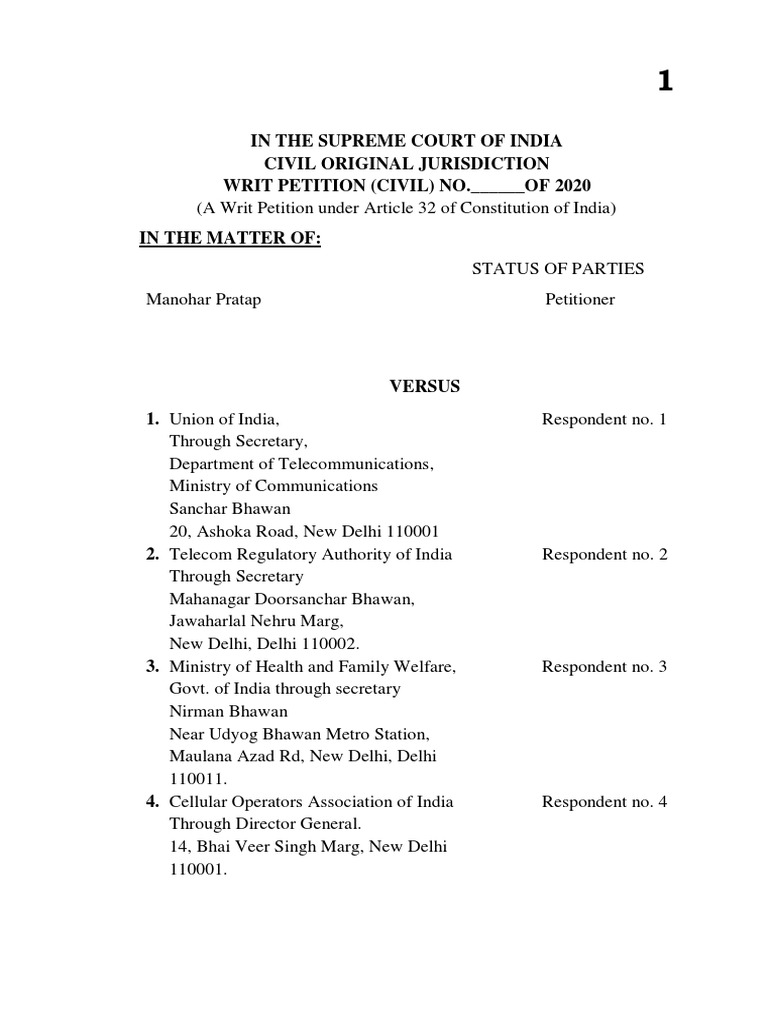 Writ Petition (PIL) Format Before Supreme Court of India. | PDF ...