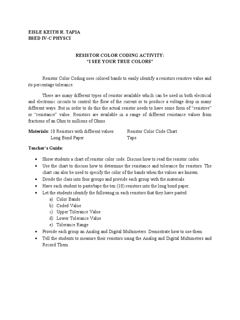 I See Your True Colors Activity | PDF | Resistor | Engineering Tolerance