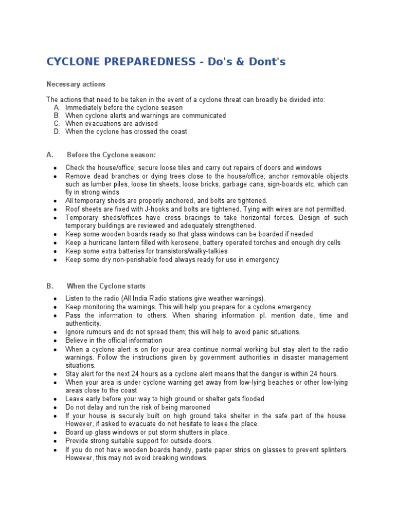 Cyclone Preparedness - Do'S & Dont'S: Necessary Actions | PDF ...