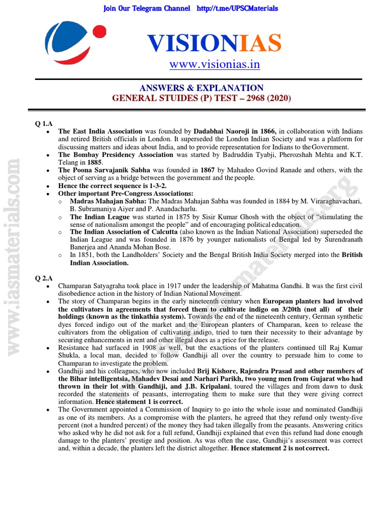 Vision IAS Prelims 2020 Test 6 Solutions | PDF | Indian Independence ...