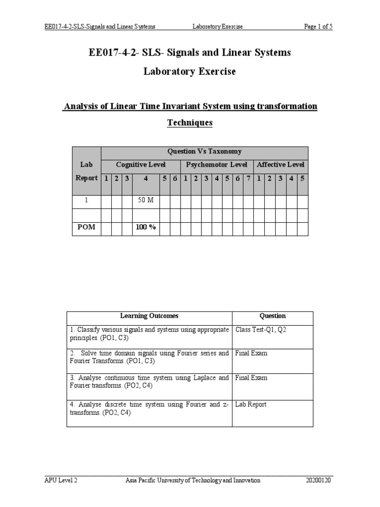SLS Laboratory APU2F1908 PDF | PDF | Applied Mathematics | Signal Processing