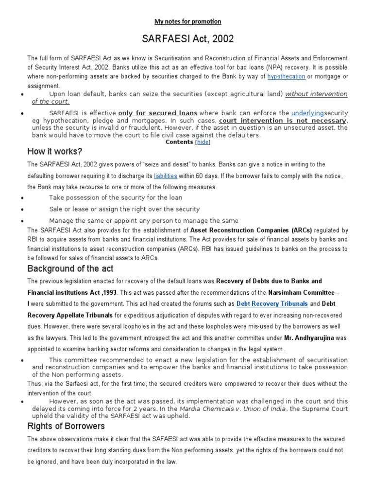 SARFAESI Act, 2002: How It Works? | PDF