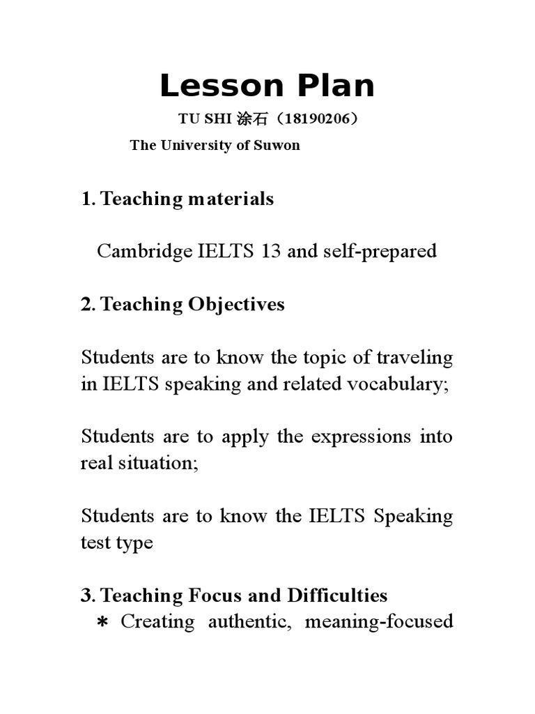 IELTS Speaking Lesson Plan: Traveling | PDF