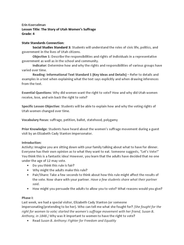 Utah Women's Suffrage Lesson | PDF | Women's Suffrage | Suffrage
