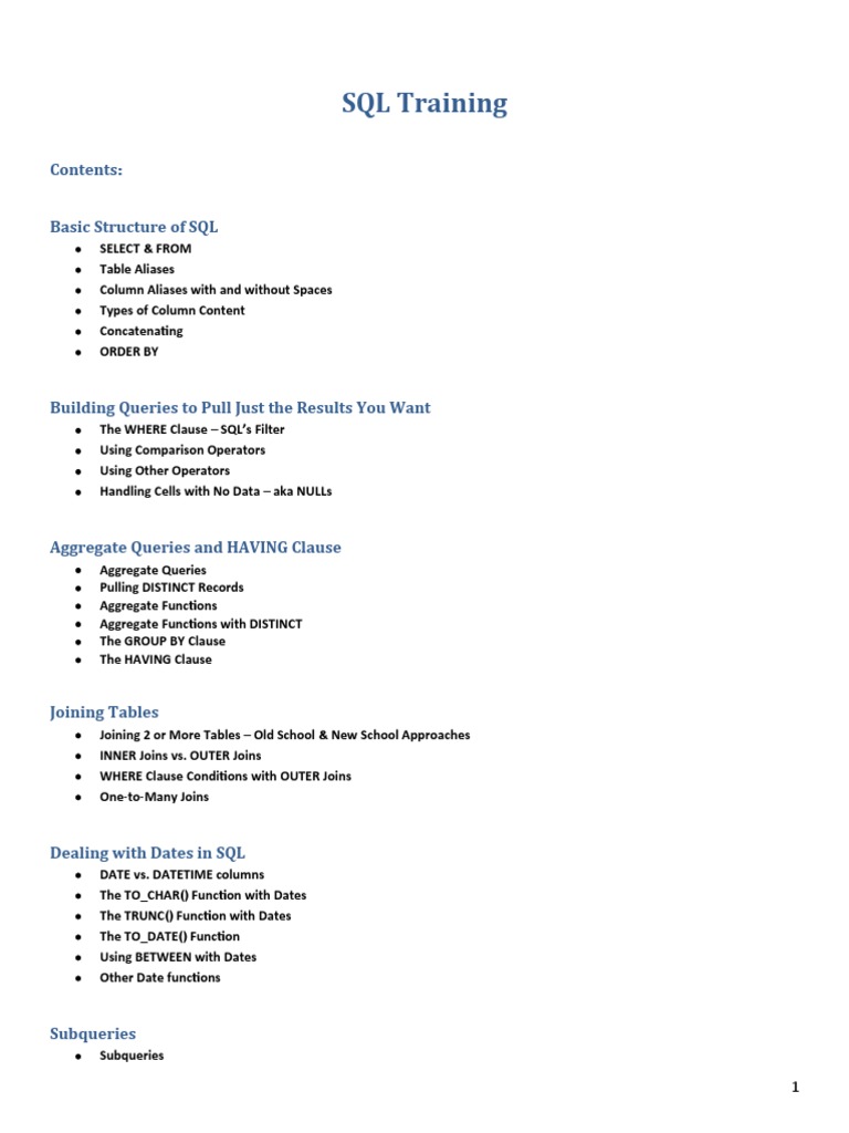 SQL Training: Contents | PDF | Sql | Table (Database)