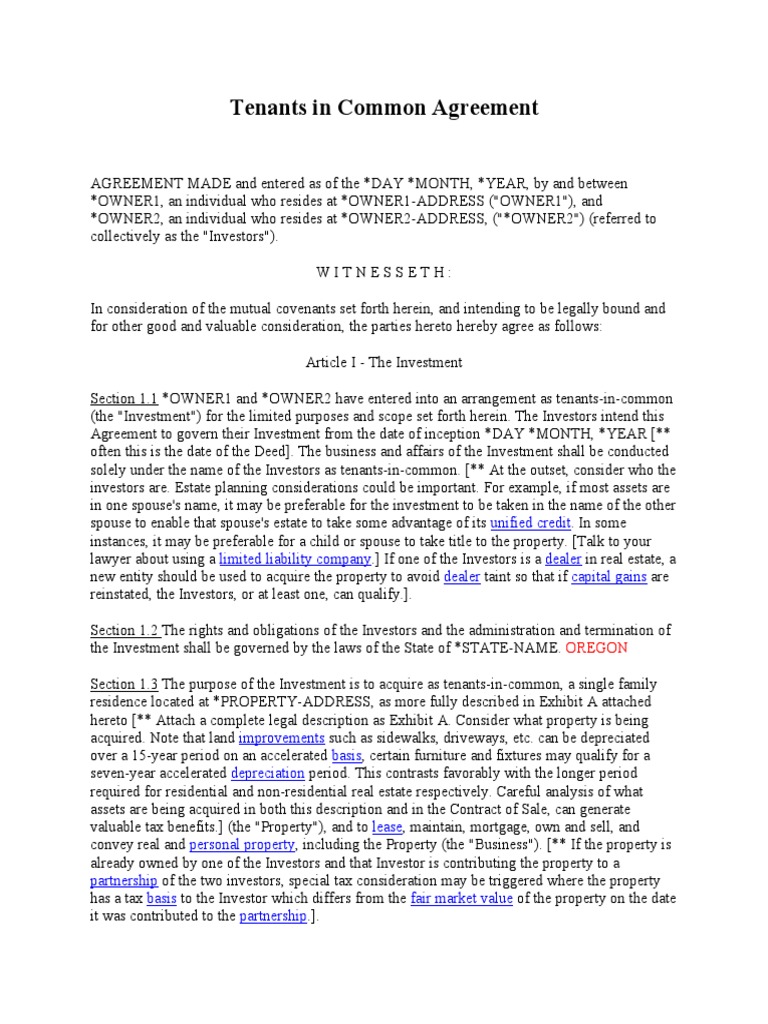 Tenants in Common Agreement Format | PDF | Business | Real Estate Appraisal