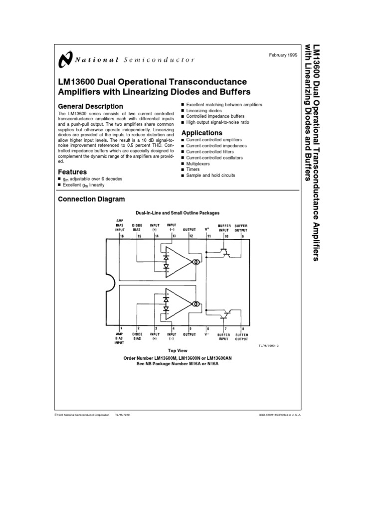 LM13600 Dual Transconductance Amplifiers | PDF