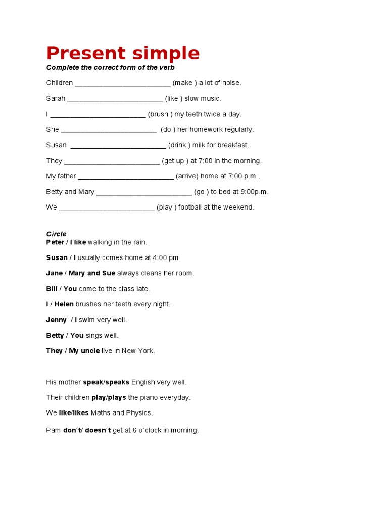 Present Simple: Complete The Correct Form of The Verb | PDF