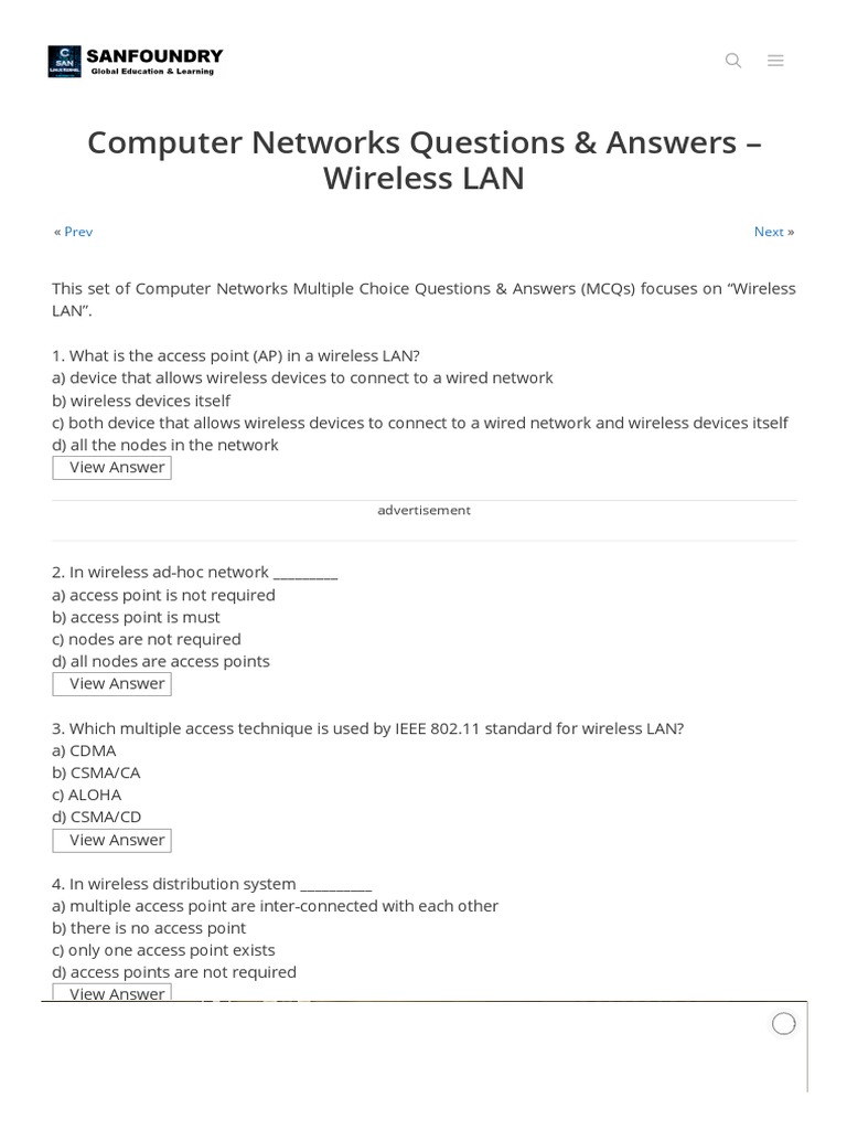 Wireless LAN - Computer Networks Questions & Answers - Sanfoundry1 ...