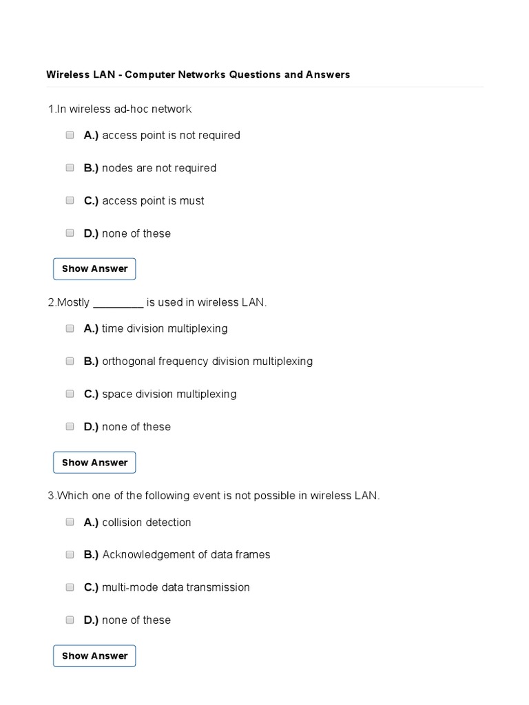 Wireless LAN - Computer Networks Questions and Answers | PDF | Wireless ...
