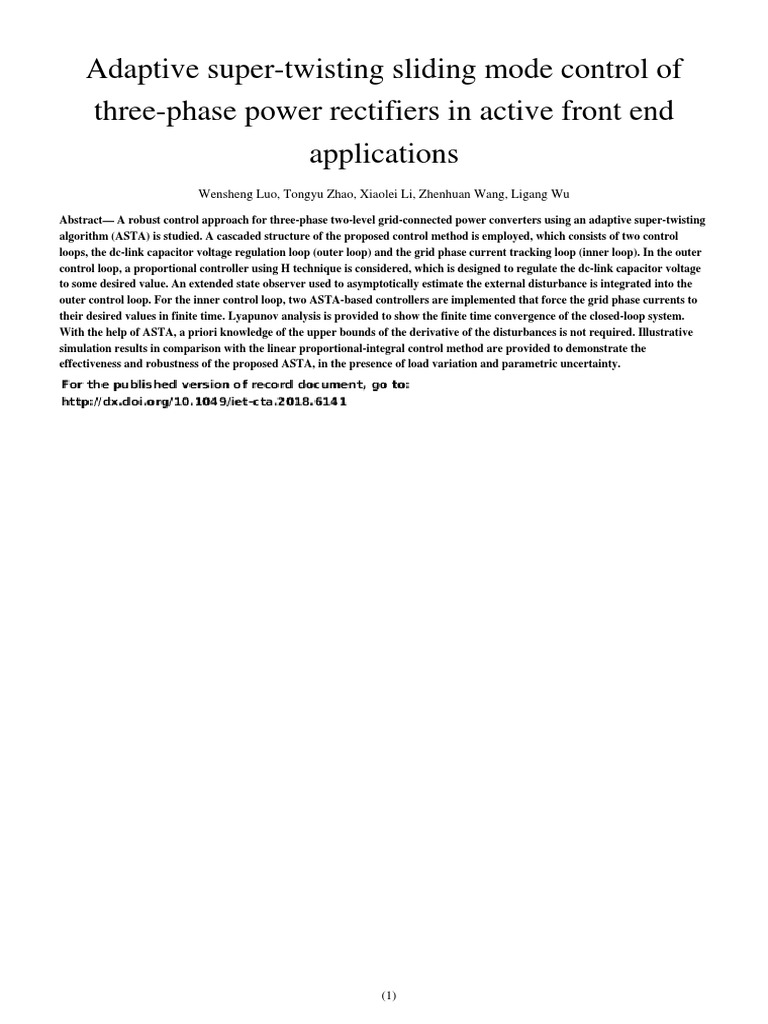 Adaptive Super-Twisting Sliding Mode Control of Three-Phase Power Rectifiers in Active Front End ...