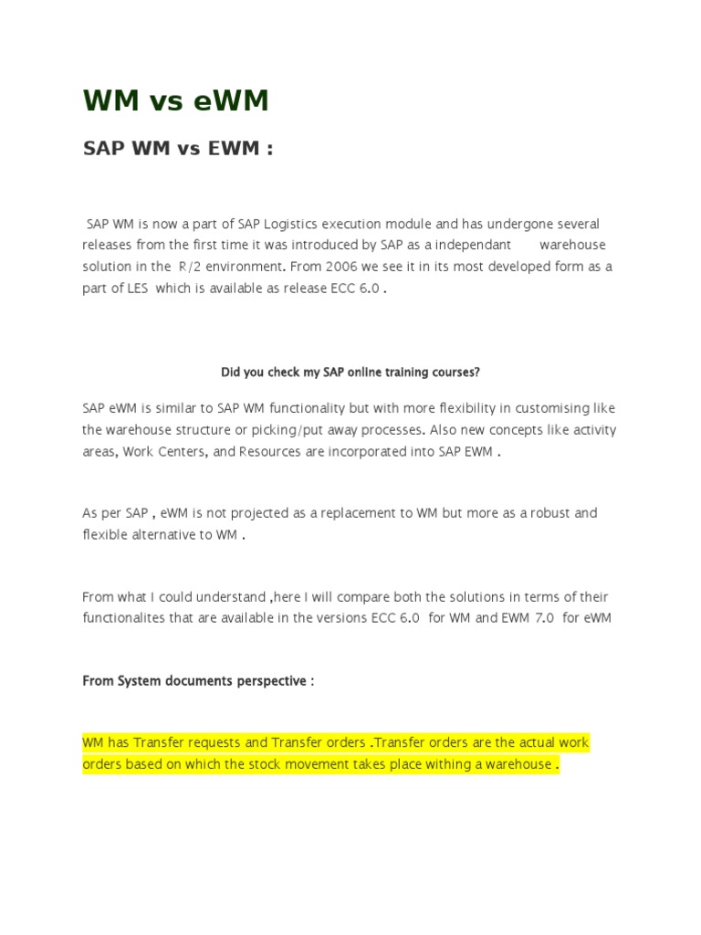 SAP WM Vs eWM | PDF | Supply Chain Management | Systems Engineering