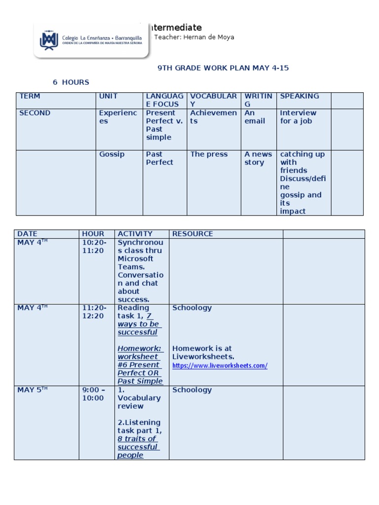 9TH Grade Work Plan May 04-15 | PDF | Vocabulary | English Language