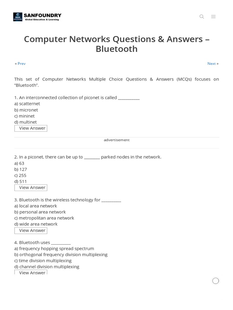 Bluetooth - Computer Networks Questions & Answers - Sanfoundry | PDF ...