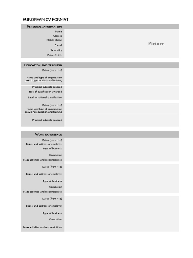 Picture: European CV Format | PDF