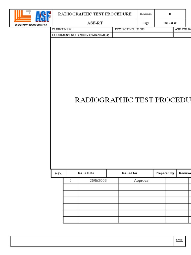 Radiographic Test Procedure Asf-Rt | PDF | Radiography | Pipe (Fluid ...