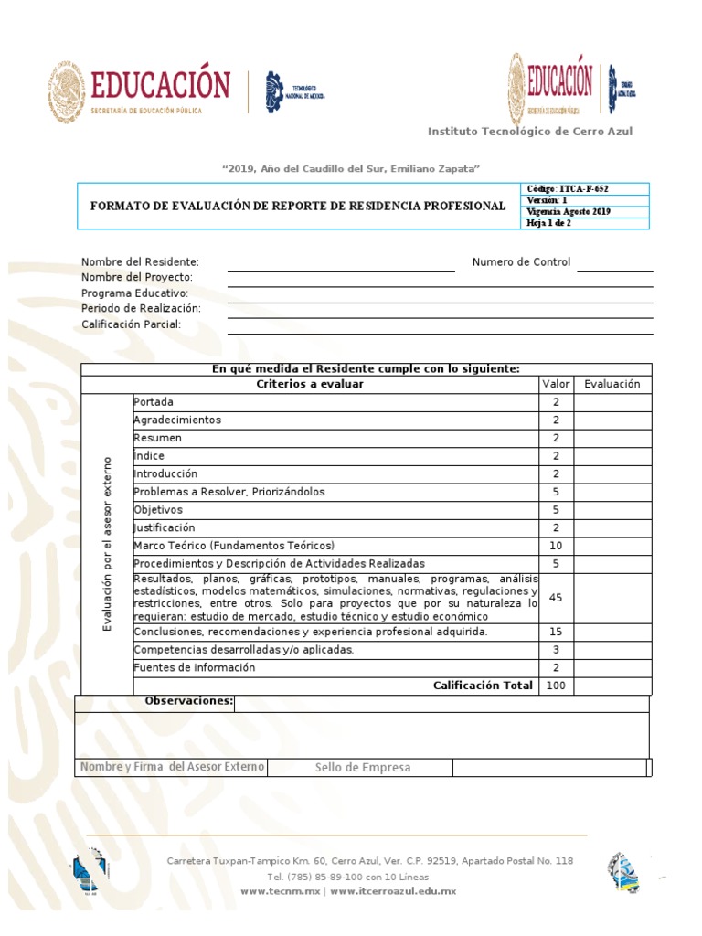 Formato de Evaluación de Reporte de Residencia Profesional Itca-F-652 ...