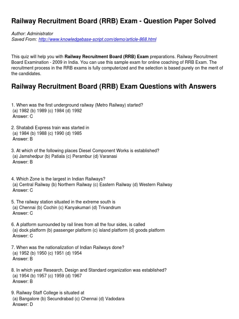 RRB Exam Question Paper Solved | PDF