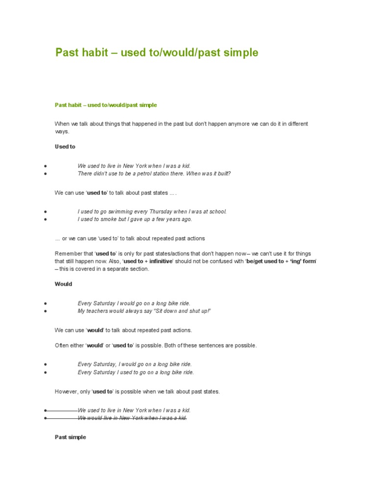 Past Habit - Used To/would/past Simple | PDF | Verb | Grammar