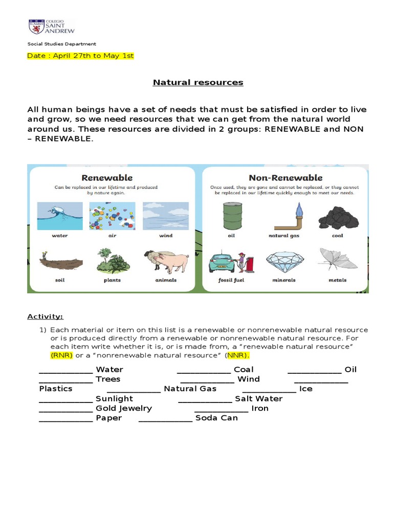 Renewable Resource Worksheet Natural Resources Worksheet | PDF