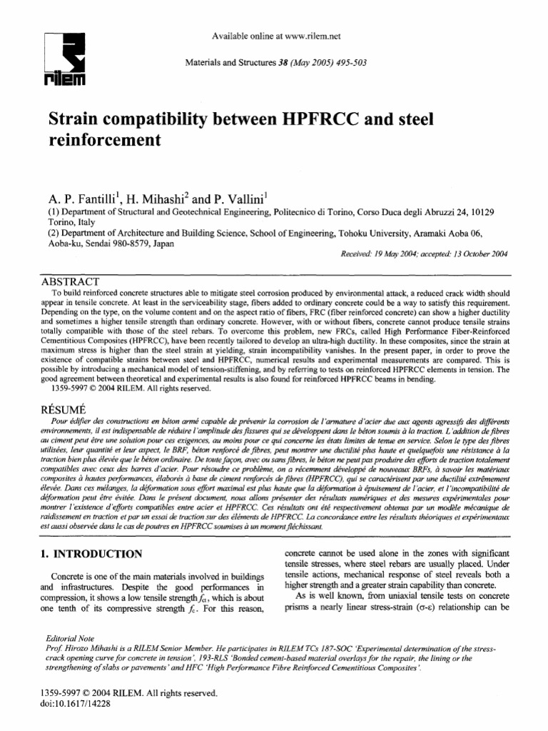 Strain Compatibility Between HPFRCC and Steel Reinforcement | PDF ...